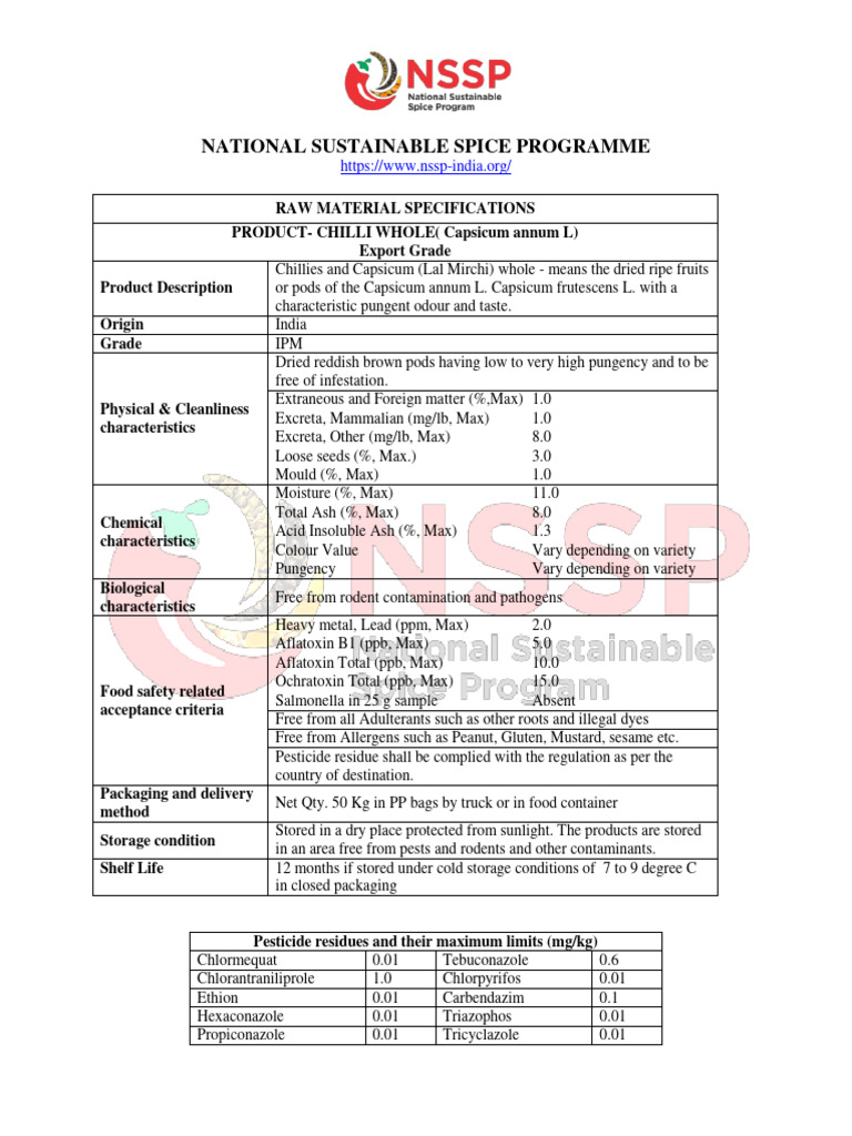Raw Material Specification For Chilli Export Quality NSSP | PDF ...