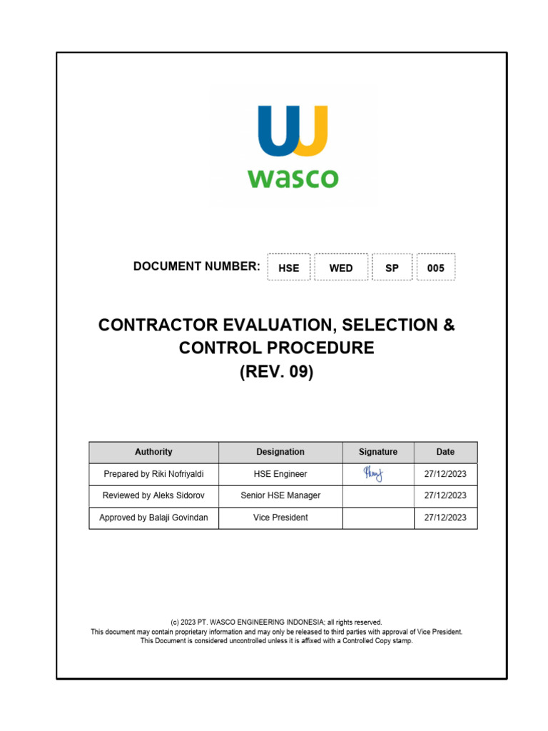 HSE-WED-SP-005 Contractor Evaluation, Selection & Control Procedure - R.09 | PDF | Risk | Waste