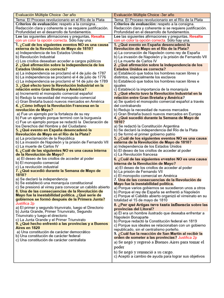 Evaluacion Multiple Choice Proceso Revolucionario en Argentina | PDF ...