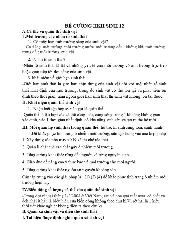 ĐỀ CƯƠNG HKII SINH 12 | PDF
