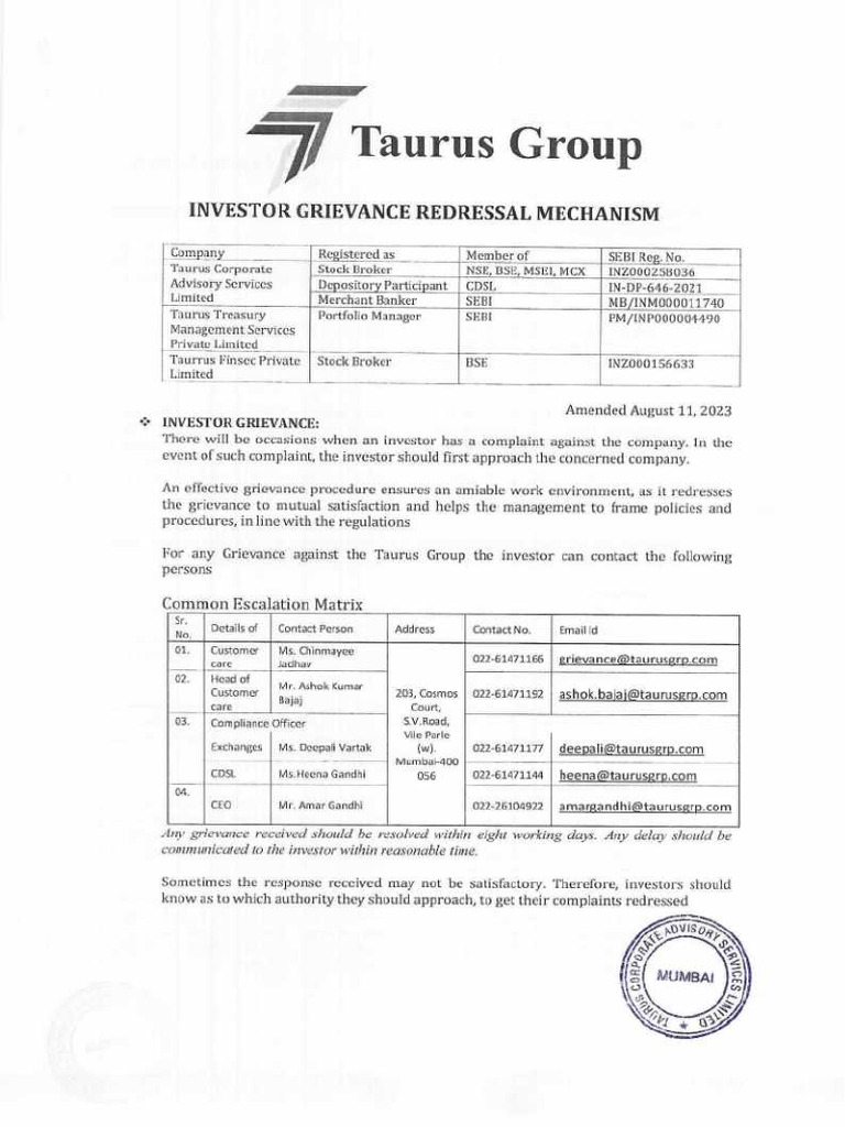 Investor Grievance Redressal Mechanism | PDF Investor Grievance Redressal Mechanism | PDF