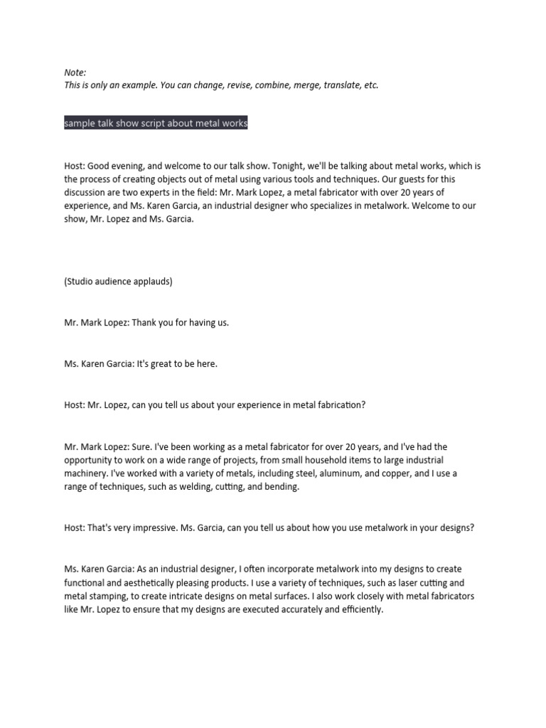 Sample Talk Show Script About Industrial Arts | Download Free PDF ...