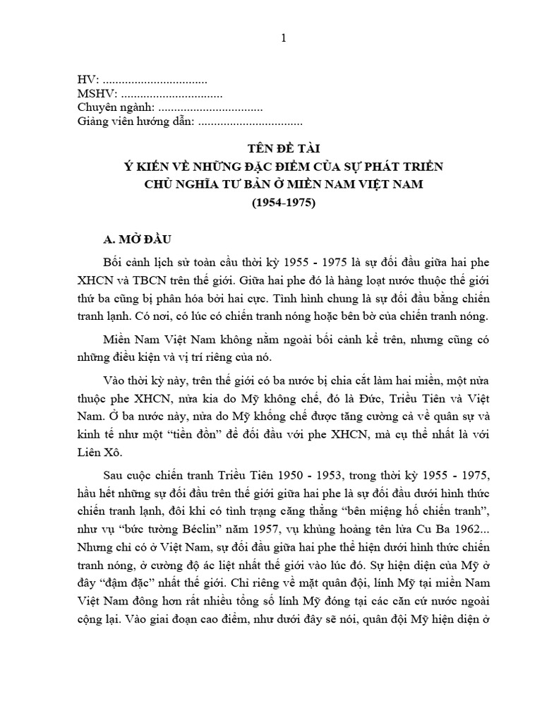 Tiểu luận - Sự phát triển của CNTB ở miền Nam Việt Nam (1954-1975) .. | PDF