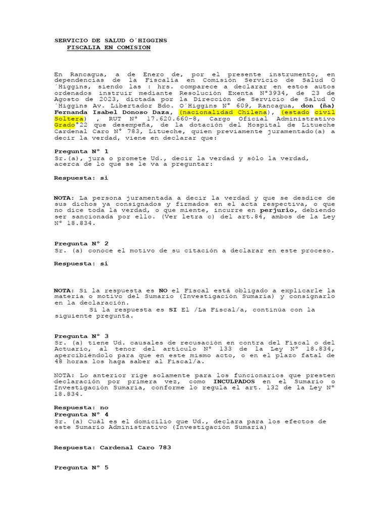 Declaración Investigación Sumarial Fernanda Isabel Donoso Daza | PDF