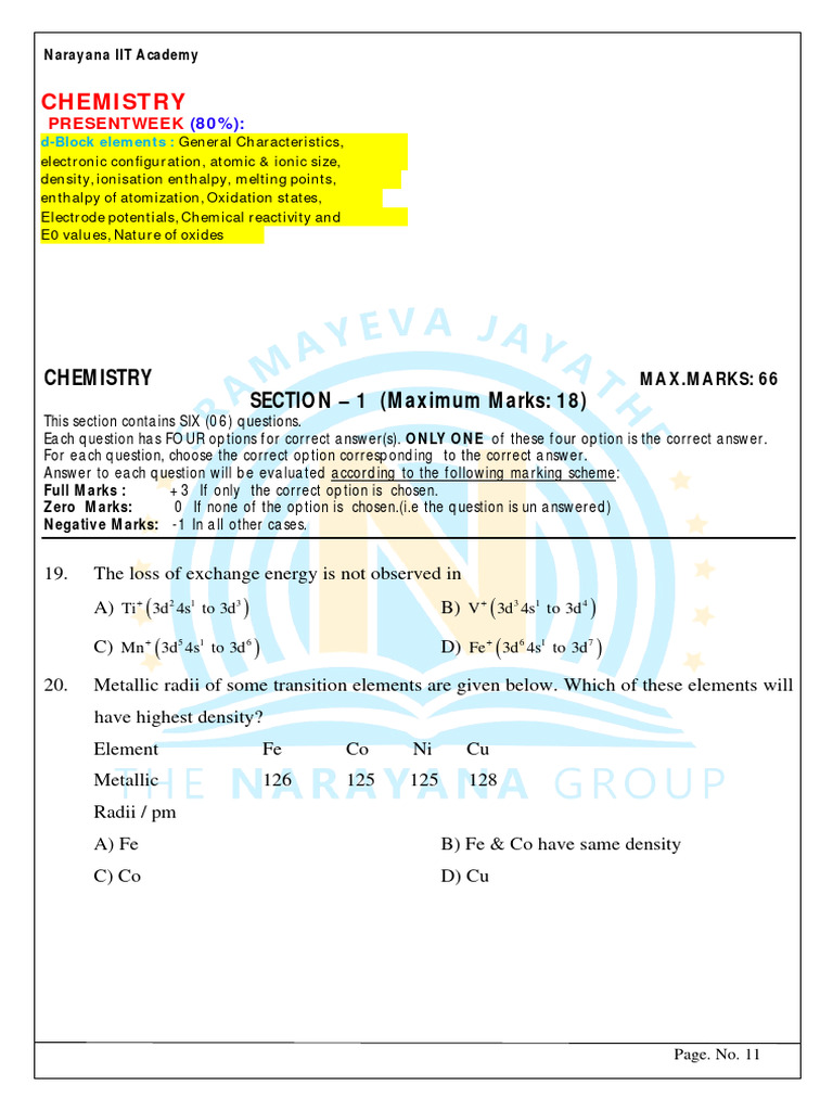 Inc - Senior Model-A Wat-50 Chemistry Npyq | PDF | Transition Metals ...
