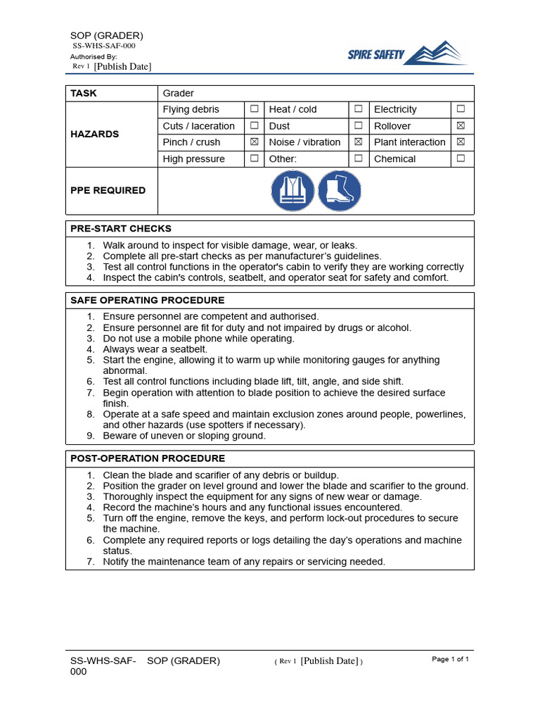 SS WHS SAF 000 Safe Operating Procedure Grader 1 | PDF
