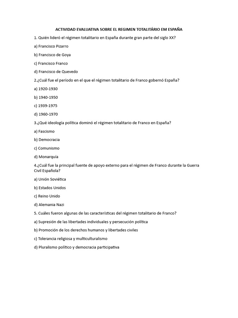Actividad Evaluativa Sobre El Regimen Totalitário em España | PDF Actividad Evaluativa Sobre El Regimen Totalitário em España | PDF