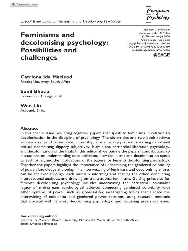 Macleod Et Al 2020 Feminisms and Decolonising Psychology Possibilities and Challenges | Download ...