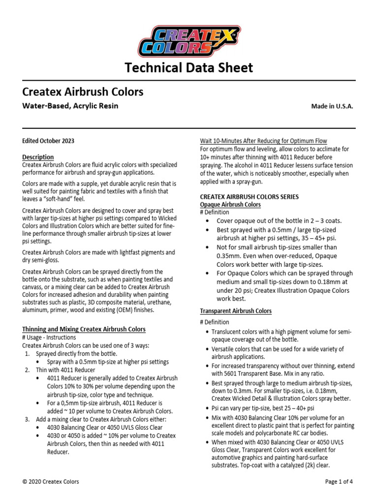 Createx Airbrush Colors TDS | PDF | Paint | Color