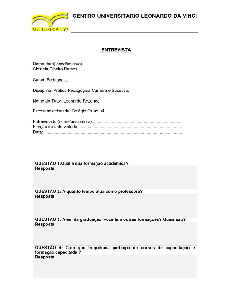 Modelo de Roteiro de Entrevista-1 | PDF Modelo de Roteiro de Entrevista-1 | PDF