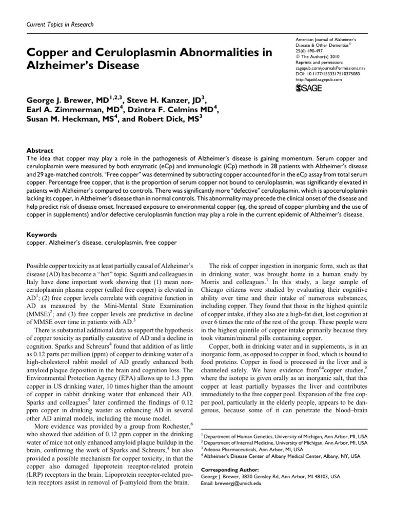 Copper and Ceruloplasmin Abnormalities Alzheimers | PDF | Copper ...