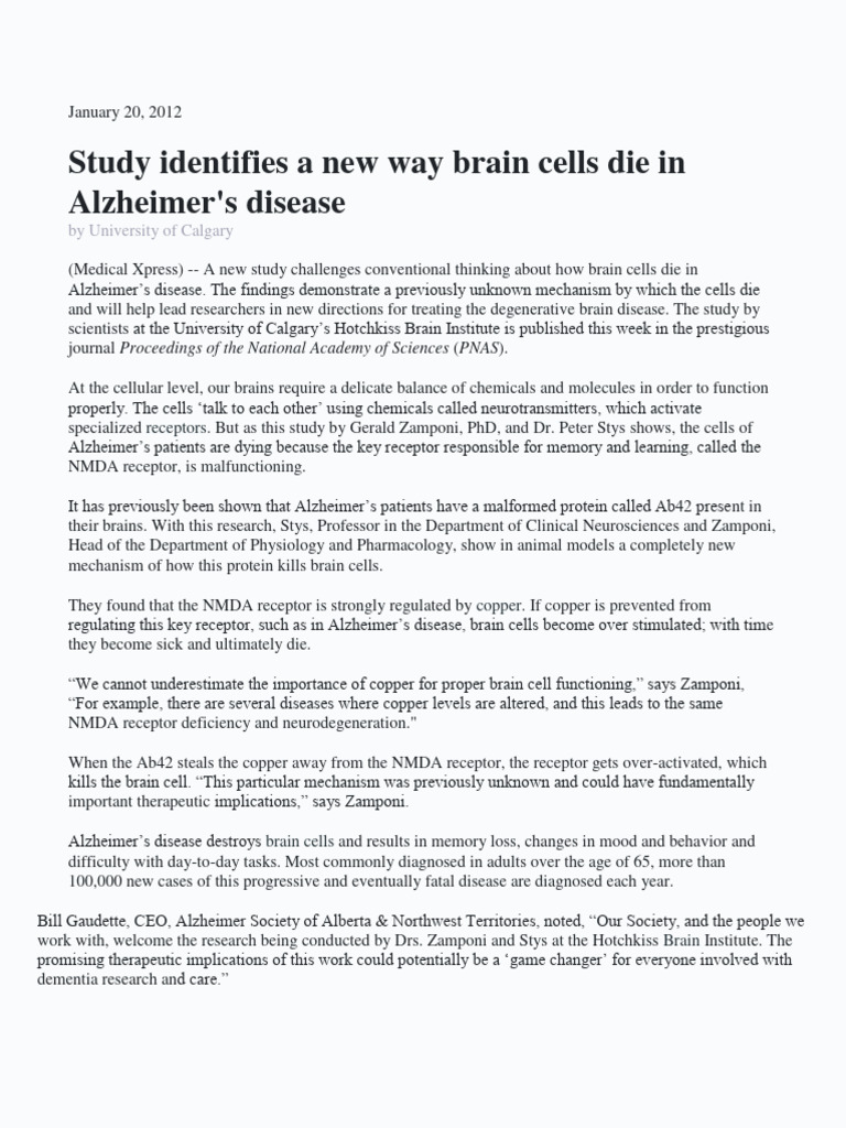 New Mechanism of Cell Death in Alzheimer's | PDF | Alzheimer's Disease ...