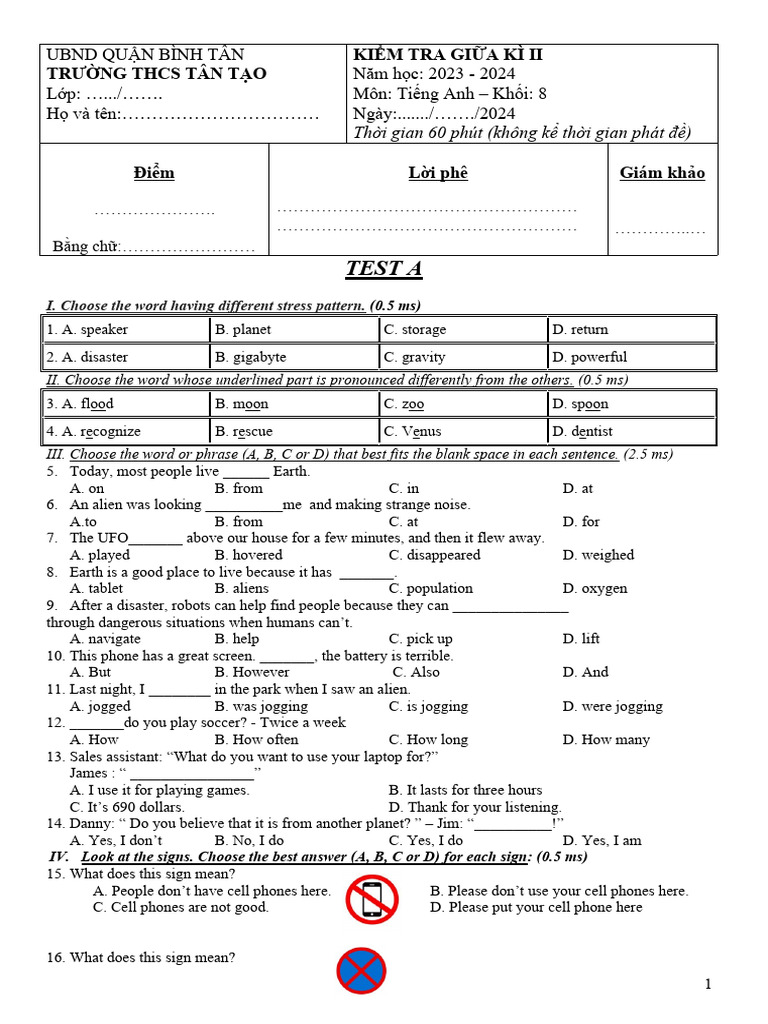 8.4 GK2 ĐỀ A | PDF | Unidentified Flying Object | Venus