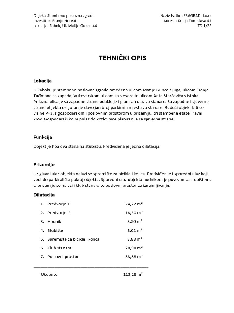 Tehnički Opis Zgrade | PDF