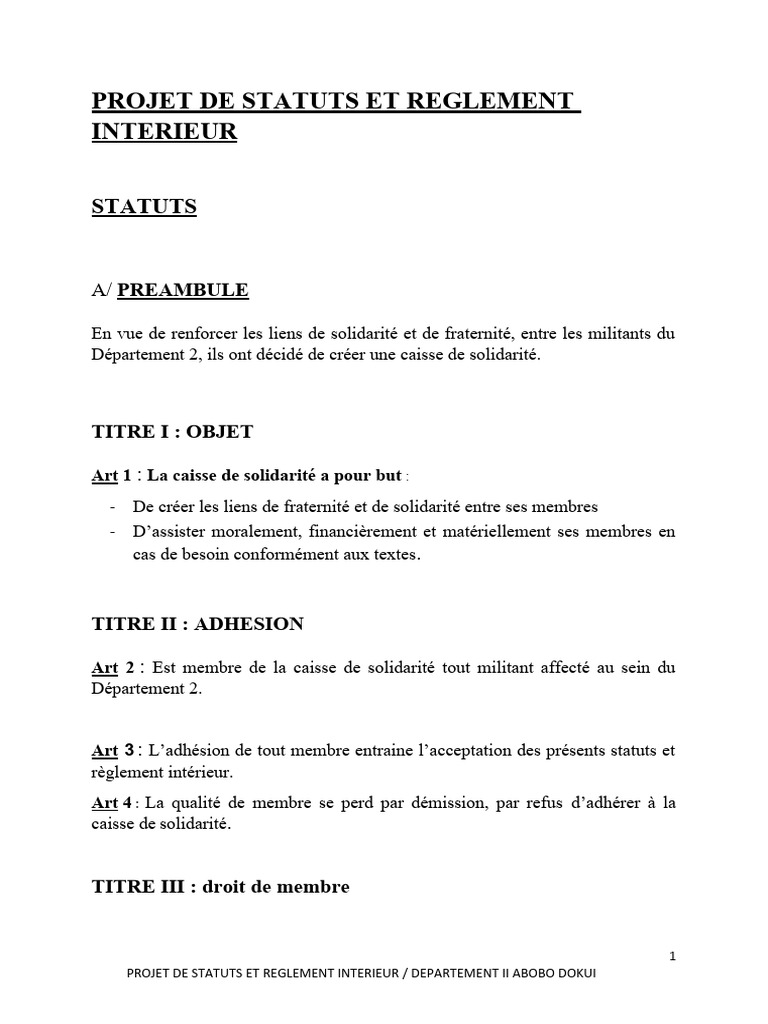 Projet de Statuts Et Reglement Interieur Departement Ii | PDF ...