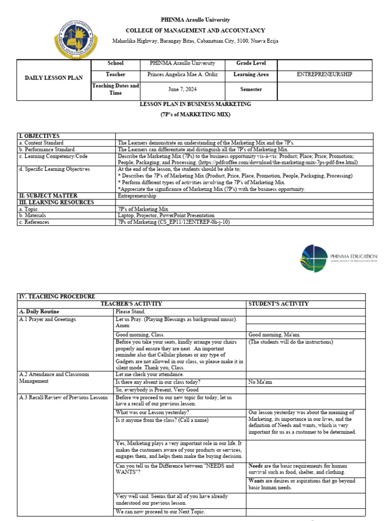 Phinma Araullo University-Lesson Plan, Ordiz Princes Angelica Mae | PDF | Marketing | Advertising