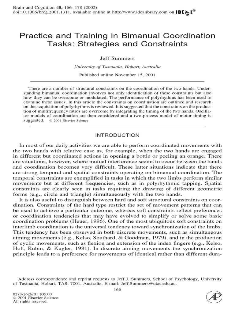 2002practice and Training in Bimanual Coordination Tasks - Strategies and Constraints | PDF ...