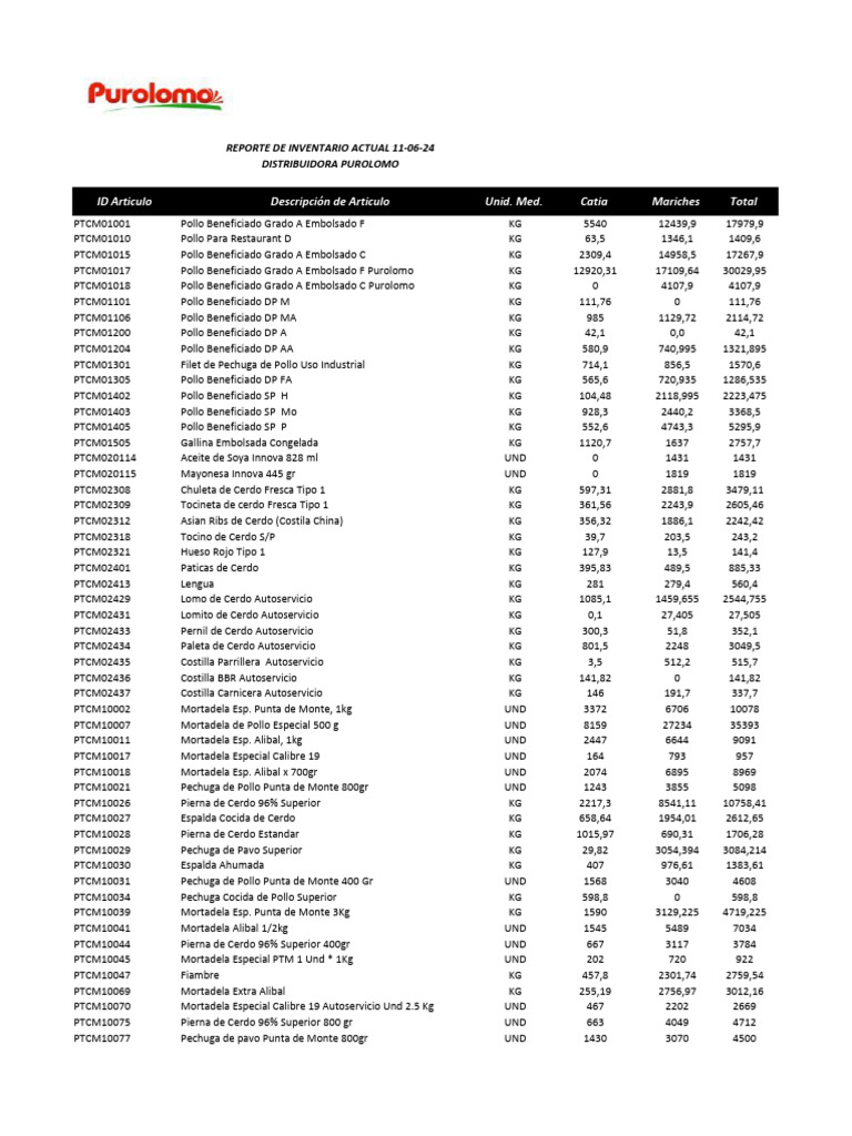 Reporte de Inventario Distribuidora Purolomo 11-06-24 06 PM | PDF ...