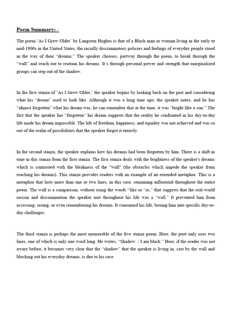 As I Grew Older - Poem Summary and Theme | PDF | Racism ...