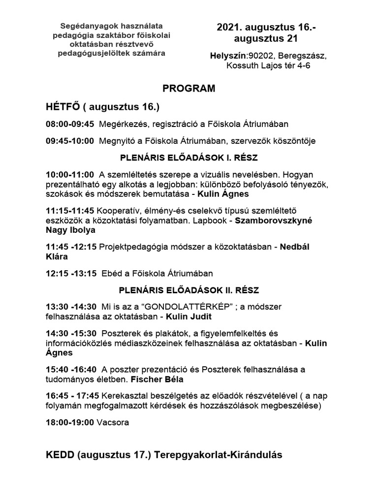 Pedagógiai Módszertani Tábor-2021 Program | PDF