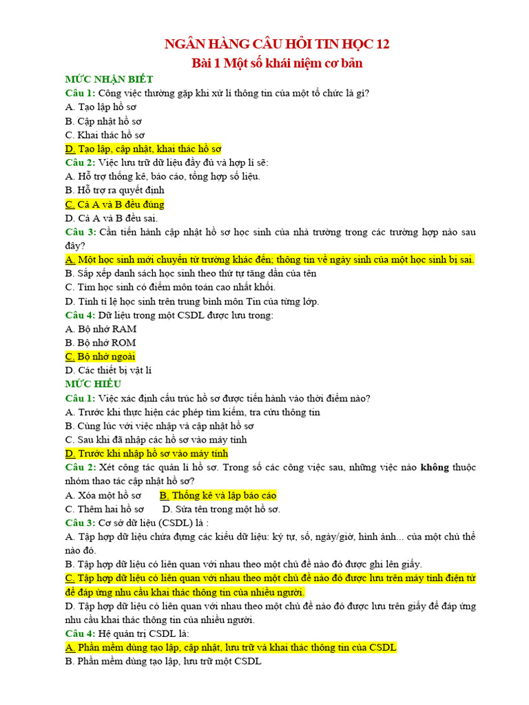 Ngan Hang Cau Hoi Tin 12 | PDF