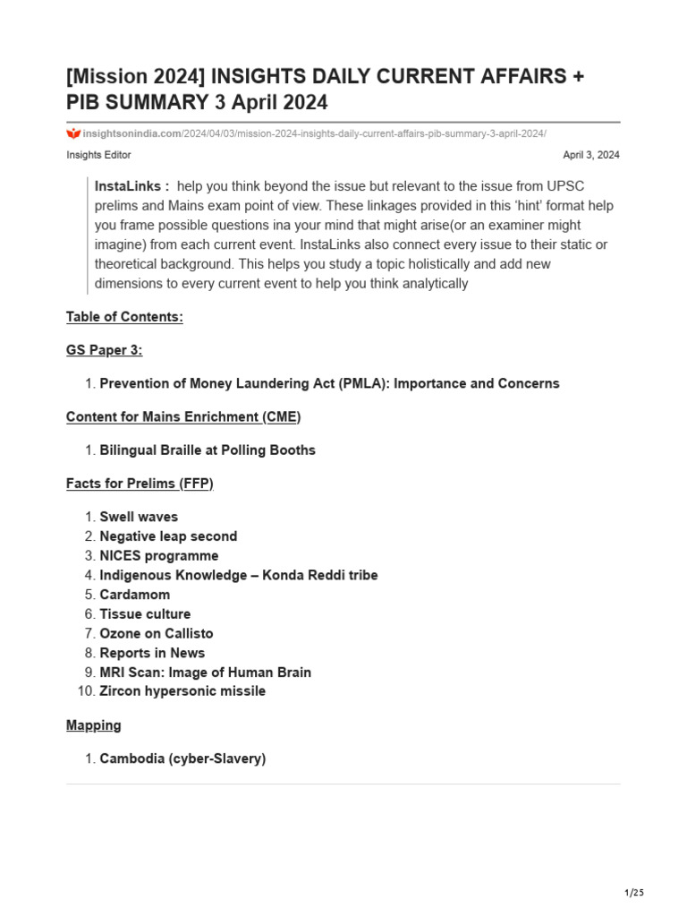 Mission 2024 INSIGHTS DAILY CURRENT AFFAIRS PIB SUMMARY 3 April 2024 | Download Free PDF | Money ...