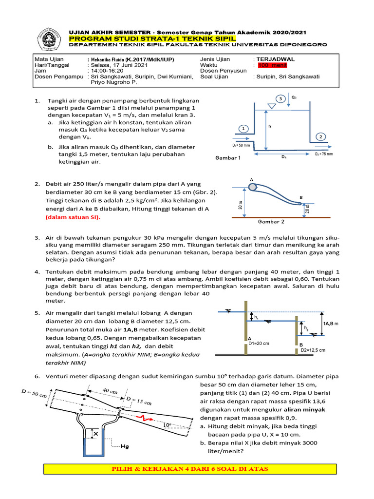 Soal Ujian Mekanika Fluida 2021 | PDF