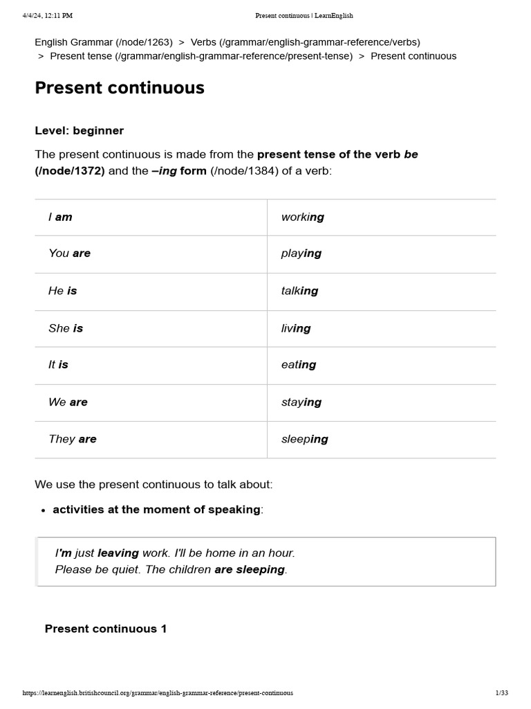 Present Continuous - LearnEnglish | PDF | Grammatical Tense | Syntax