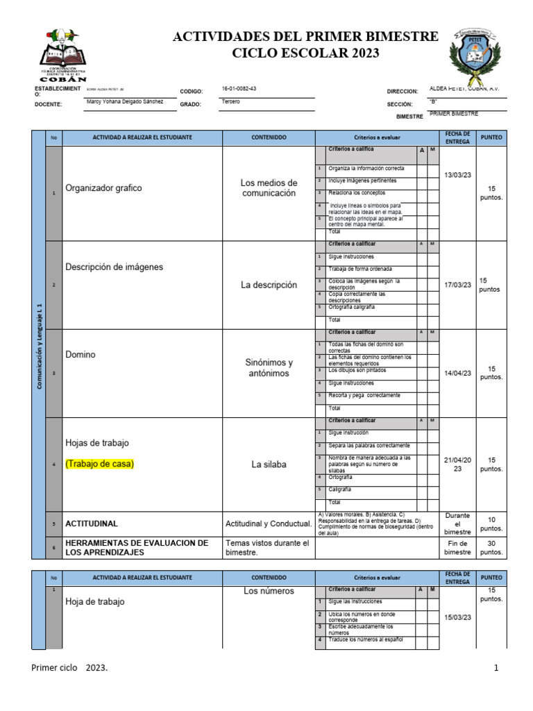 HOJA DE ACTIVIDAD PRIMER CICLO 3ro | PDF | Evaluación | Cognición