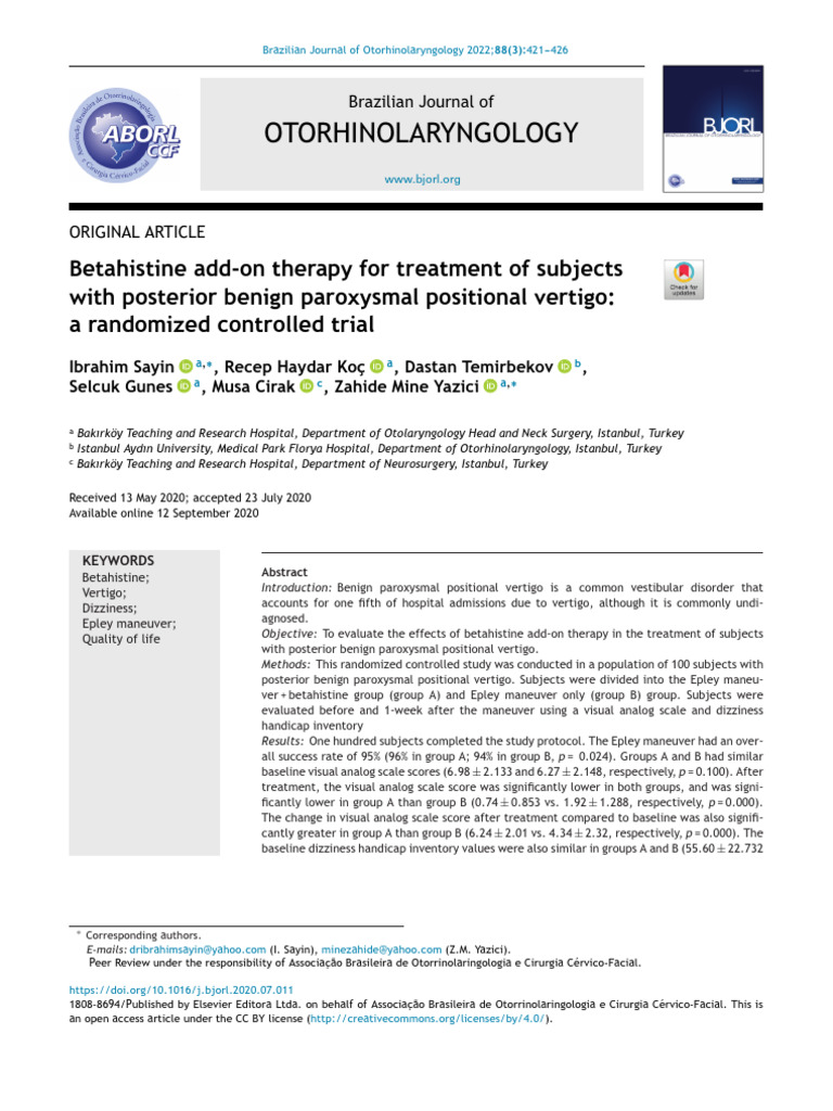 Betahistine Add On Theraphy in BPPV | PDF | Vertigo | Causes Of Death