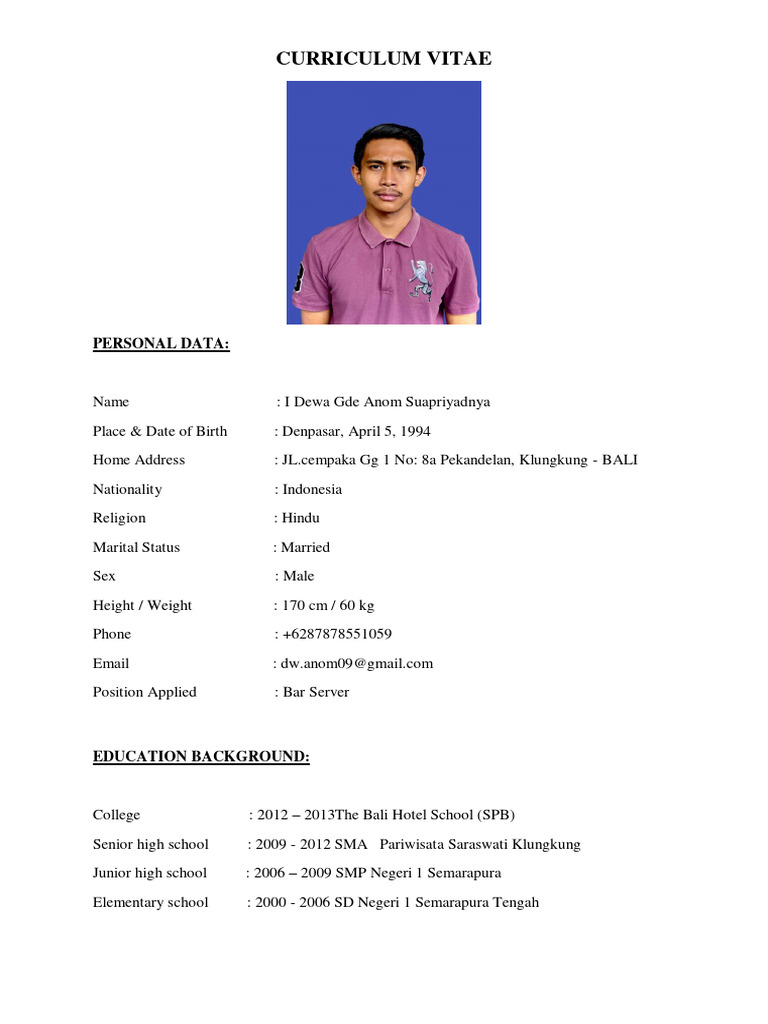 (Bar Waiter SS) CV Dewa Anom | PDF | Waiting Staff | Hospitality Industry