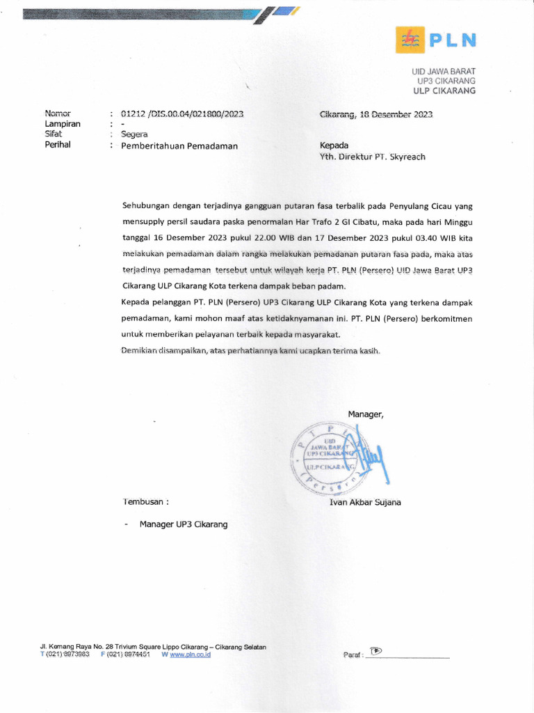 Surat Pemberitahuan PLN | PDF