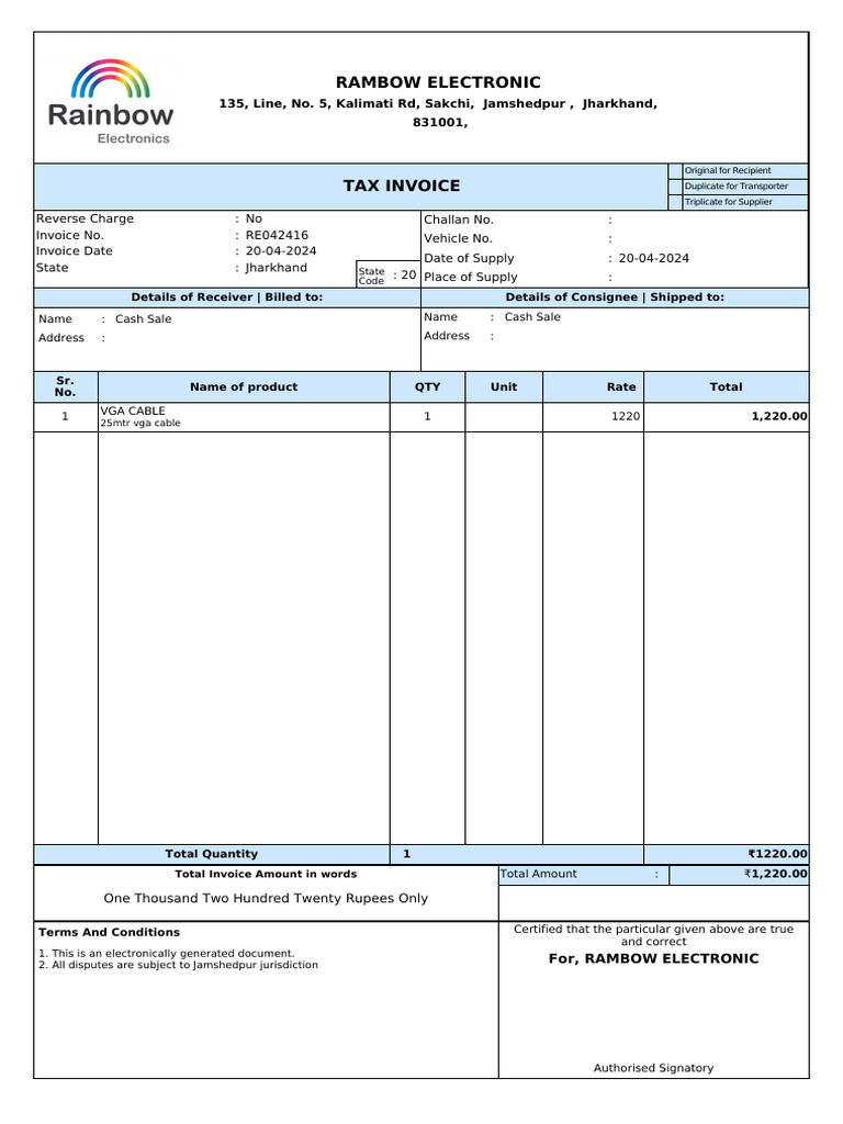 Tax Invoice for VGA Cable Purchase | PDF | Invoice | Economies