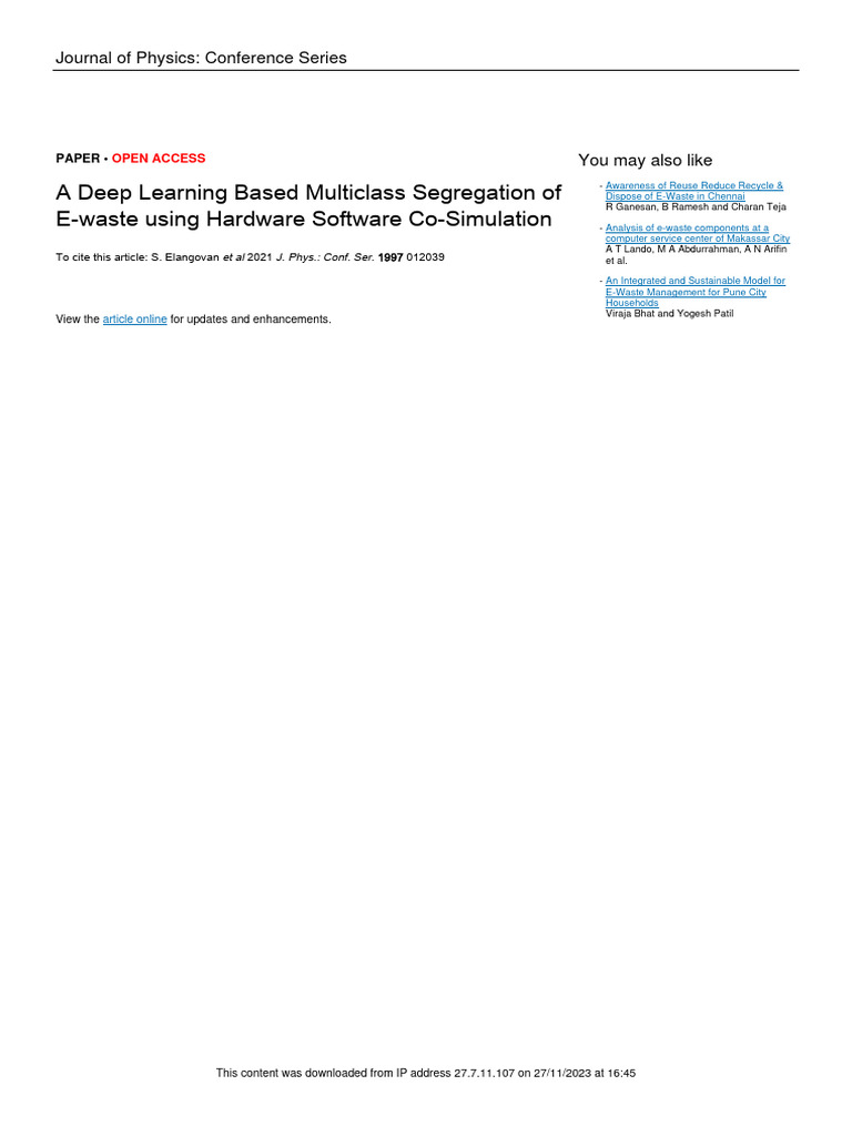 A Deep Learning Based Multiclass Segregation of E-Waste Using Hardware Software Co-Simulation ...