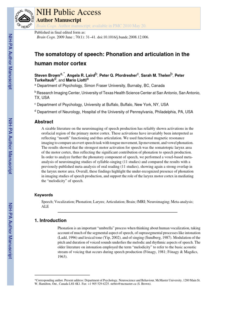 Brown Et Al_2009_The Somatotopy of Speech | Download Free PDF | Speech ... Brown Et Al_2009_The Somatotopy of Speech | Download Free PDF | Speech ...