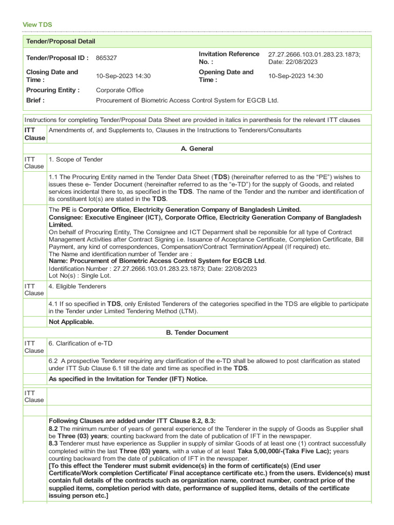 Section2 - Tender Data Sheet (TDS) | PDF | Business