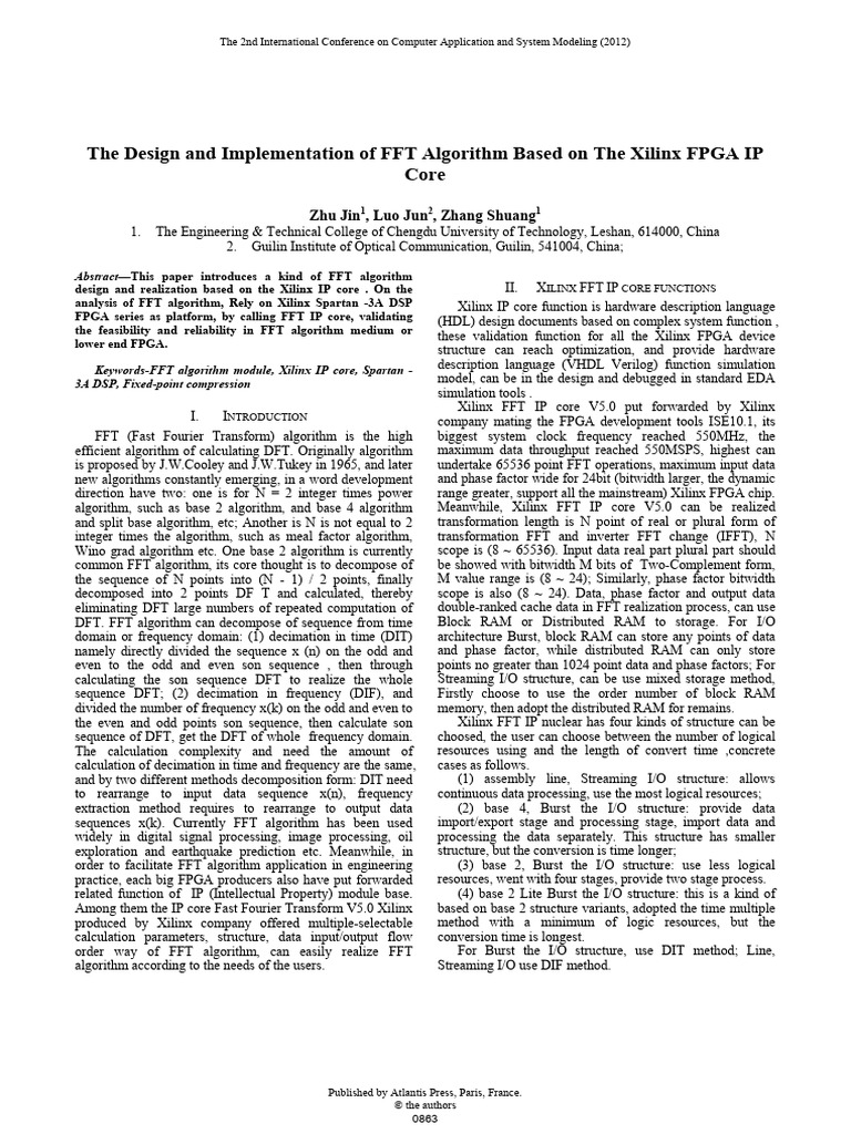 The Design And Implementation Of Fft Algorithm Based On The Xilinx Fpga 