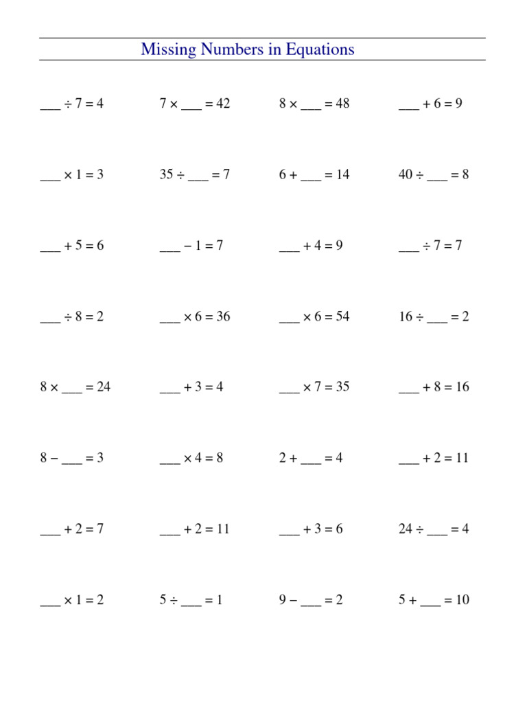 Algebra Missing Numbers in Equations Blanks 001 | PDF