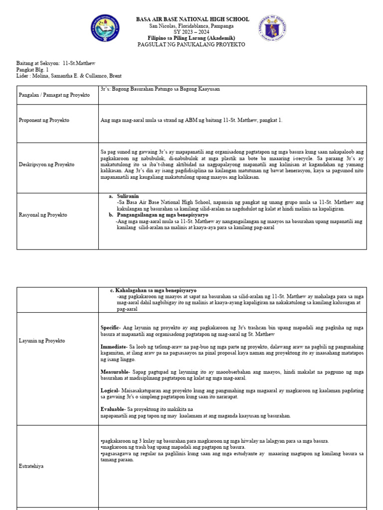 Panukalang Proyekto-Unang Pangkat | PDF