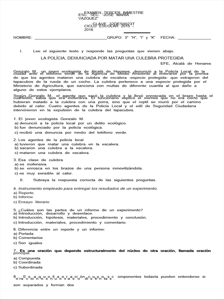 PDF Examen Espaol Tercer Bimestre Tercero de Secundaria | PDF ...