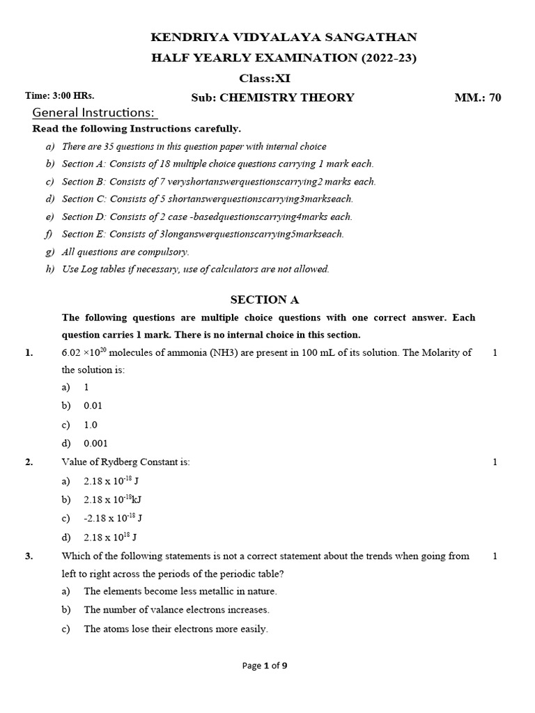 11 HY CHEM CLASS XI (2022-23) set 1 | PDF | Chemistry | Materials