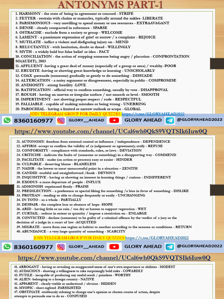 Antonyms Part 1 | PDF | Psychology