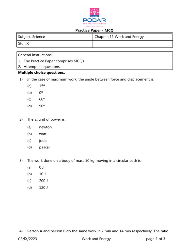 CB - IX - Sci - CH 11 - Work and Energy - MCQ | PDF | Teaching Methods & Materials