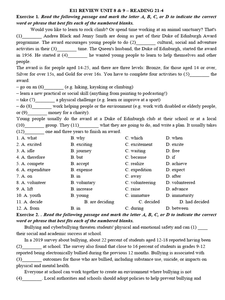 E11 Review Unit 8 9 Reading | PDF | Bullying | Adolescence