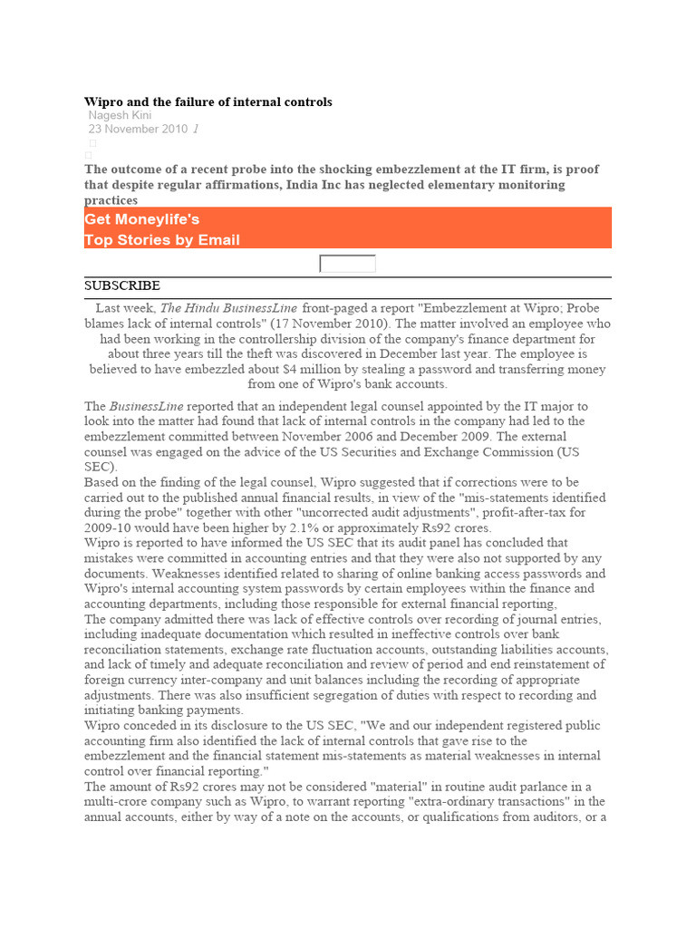 Wipro and The Failure of Internal Controls | PDF | Business