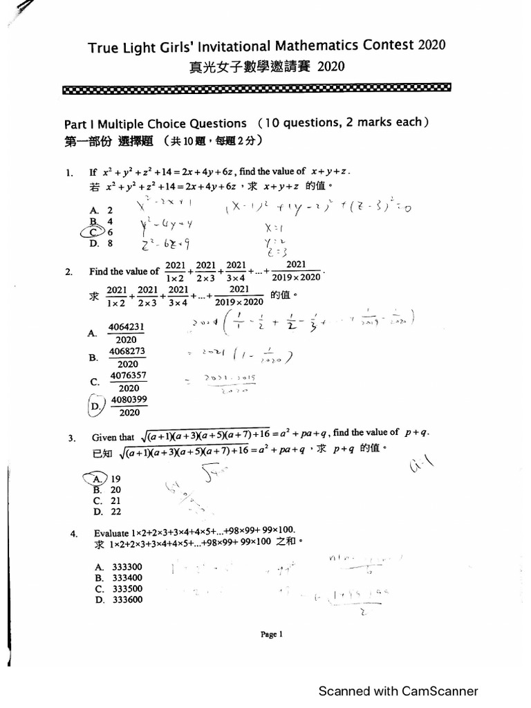 True Light Girls Invitation Mathematics Competition 2020 | PDF