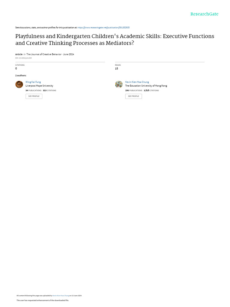 Playfulness and Kindergarten Children's Academic Skills | PDF | Creativity | Thought