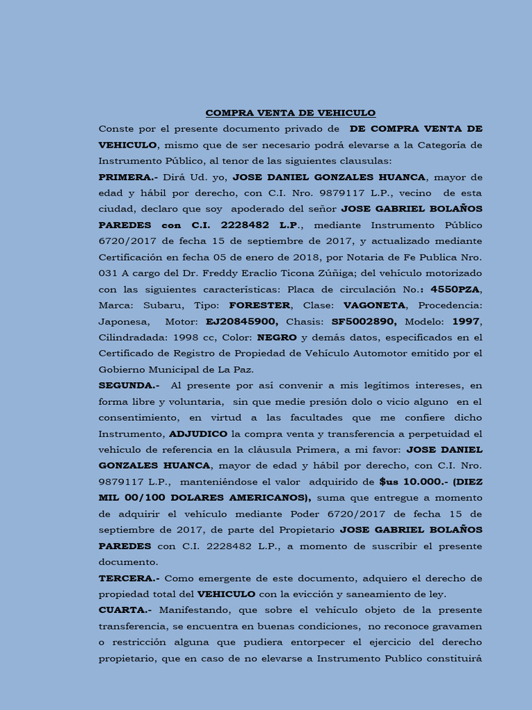 Contrato y Minuta de Compra Venta Vehiculo Autoventa Bajo Poder | Descargar gratis PDF | Ley común