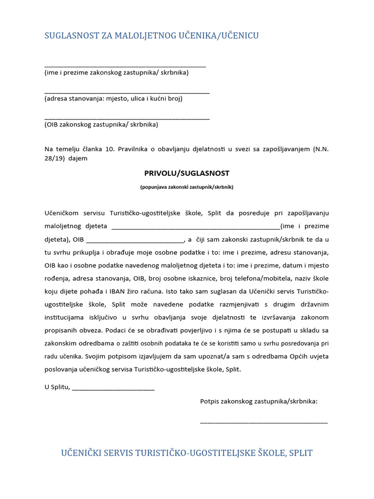 SUGLASNOST-maloljetni-učenici | PDF