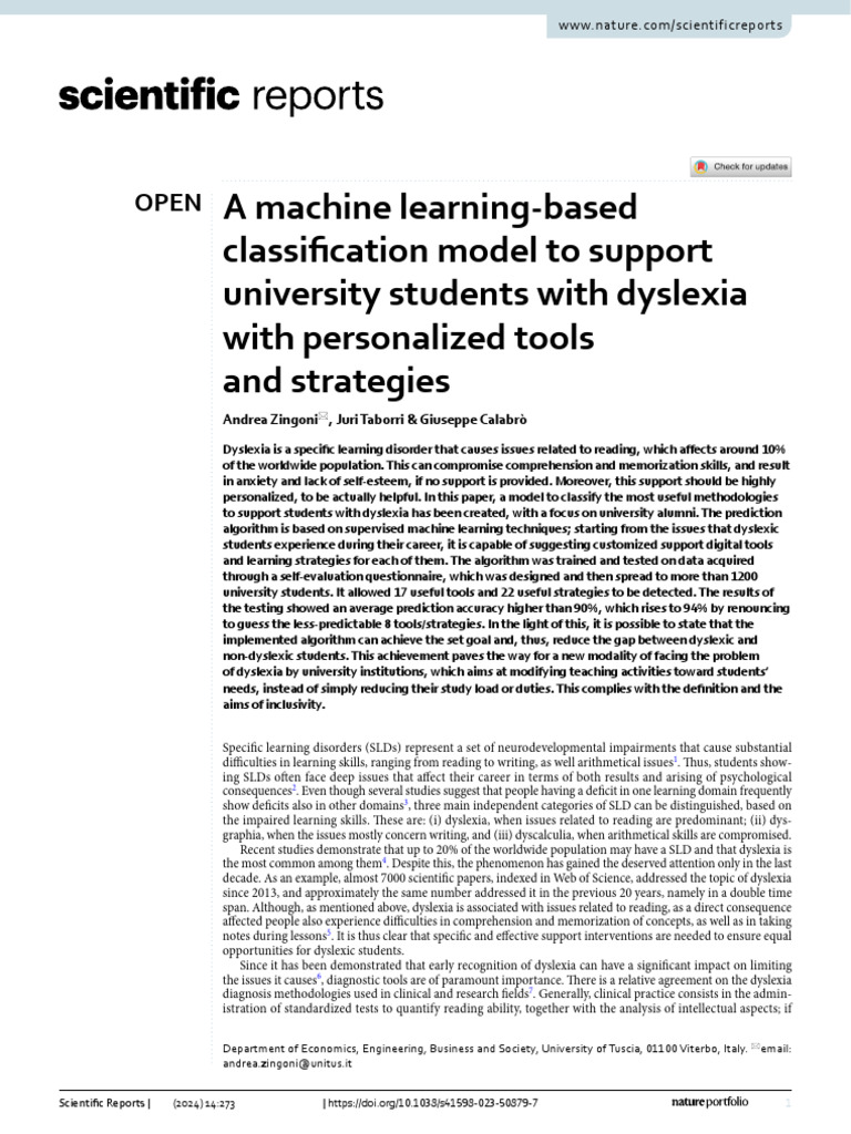A Machine Learning Based Classification Model To Support University Students With Dyslexia With ...